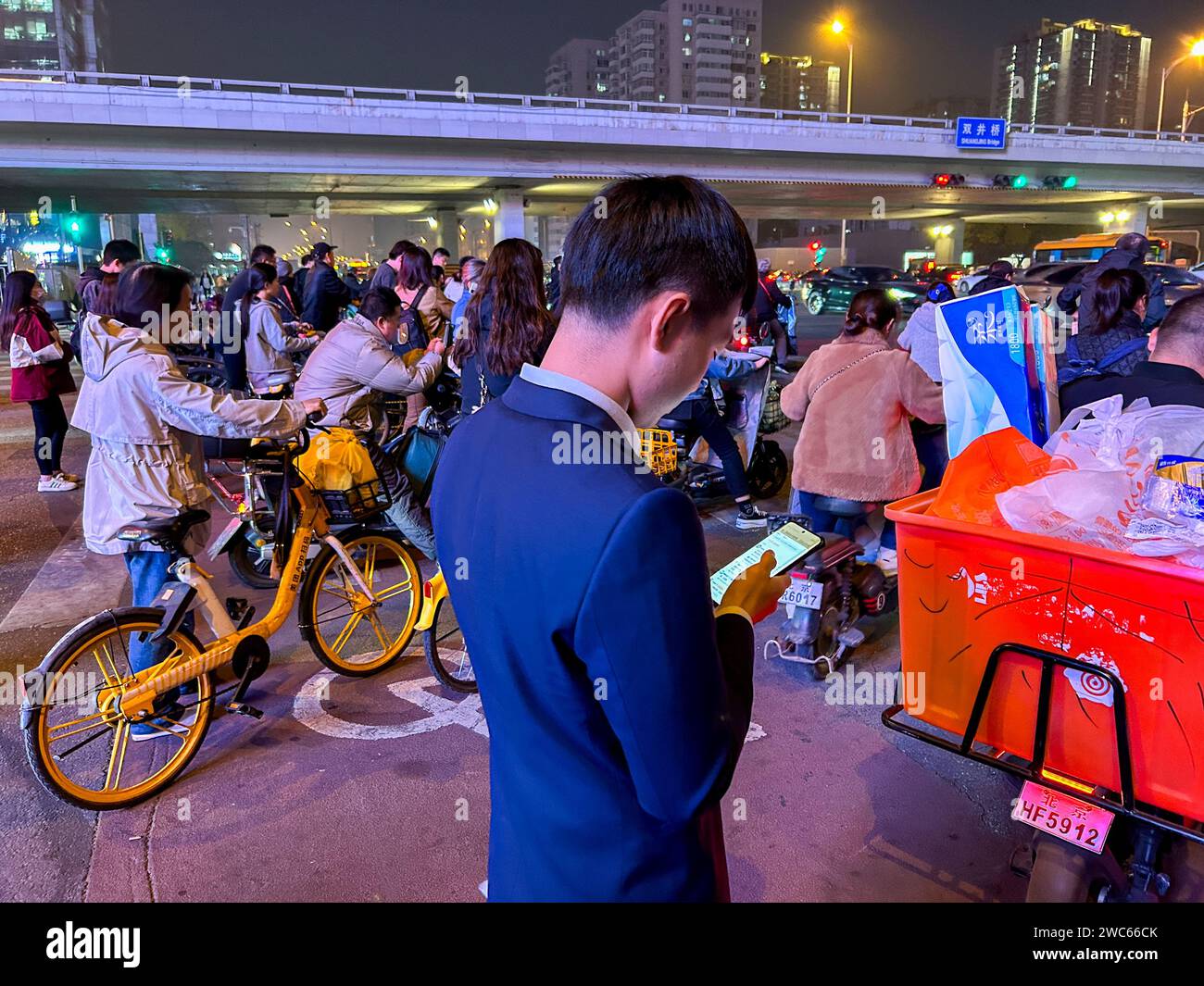 Beijing, China, Large crowd people, Waiting to Cross Street at Night ...