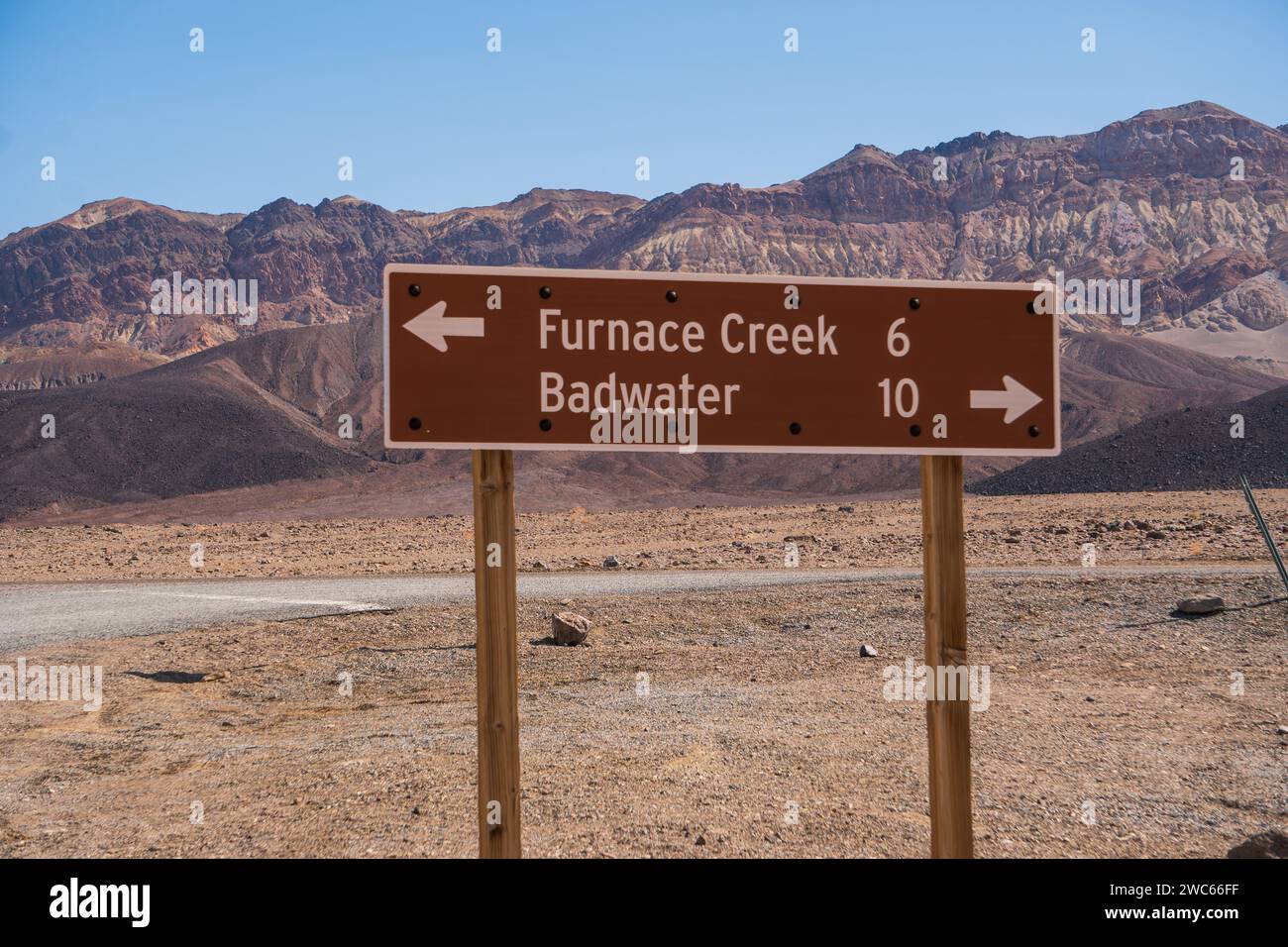 Road sign to Furnace Creek and Badwater in Death Valley, California, in ...