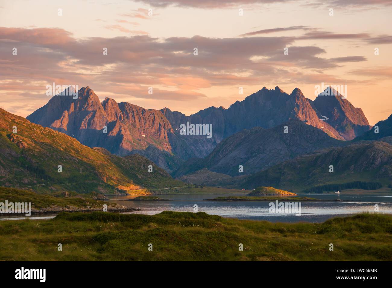 Inlet of a fjord, Selfjord, with a panorama of mountains, Lofoten ...