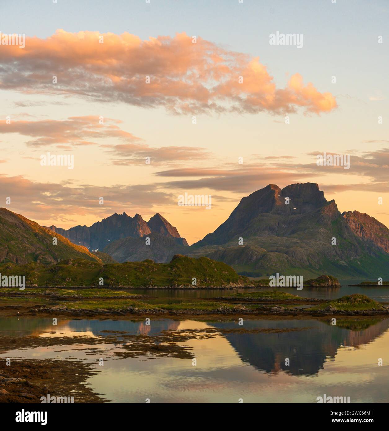 Inlet of a fjord, Selfjord, with panorama of mountains, Lofoten, Norway ...