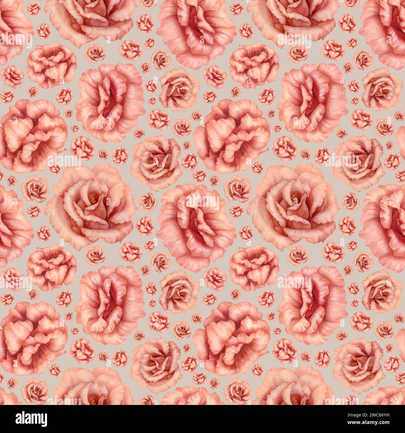 Watercolor pink seamless pattern with eustoma flowers, in trendy peach ...