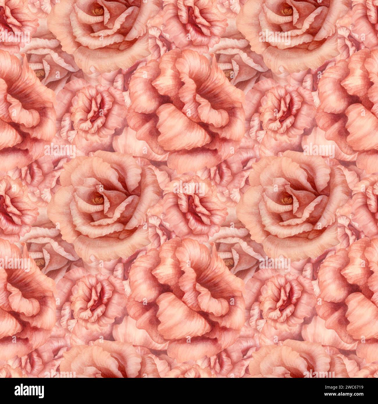 Watercolor pink seamless pattern with eustoma flowers, in trendy peach ...