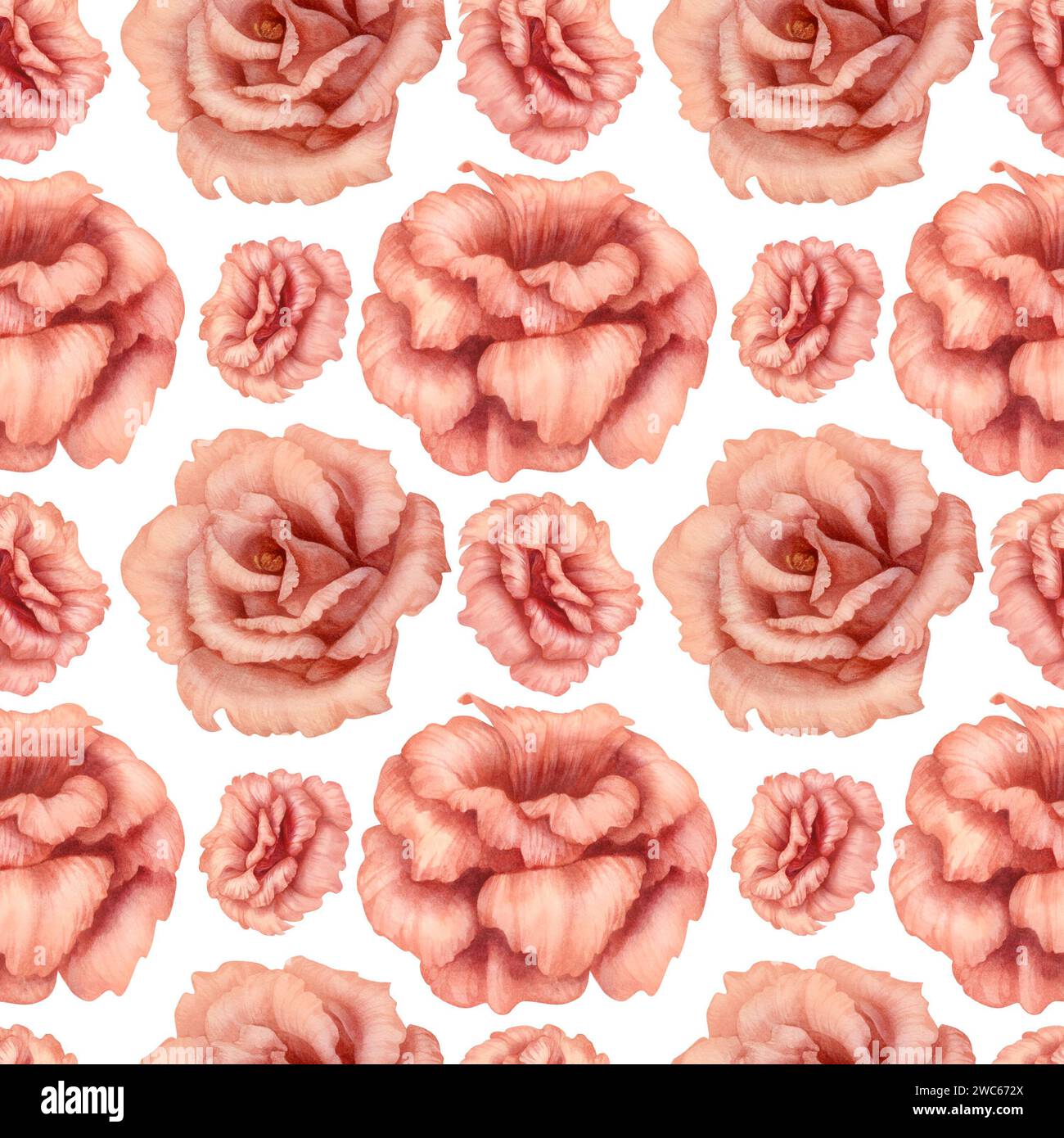 Watercolor pink seamless pattern with eustoma flowers, in trendy peach ...