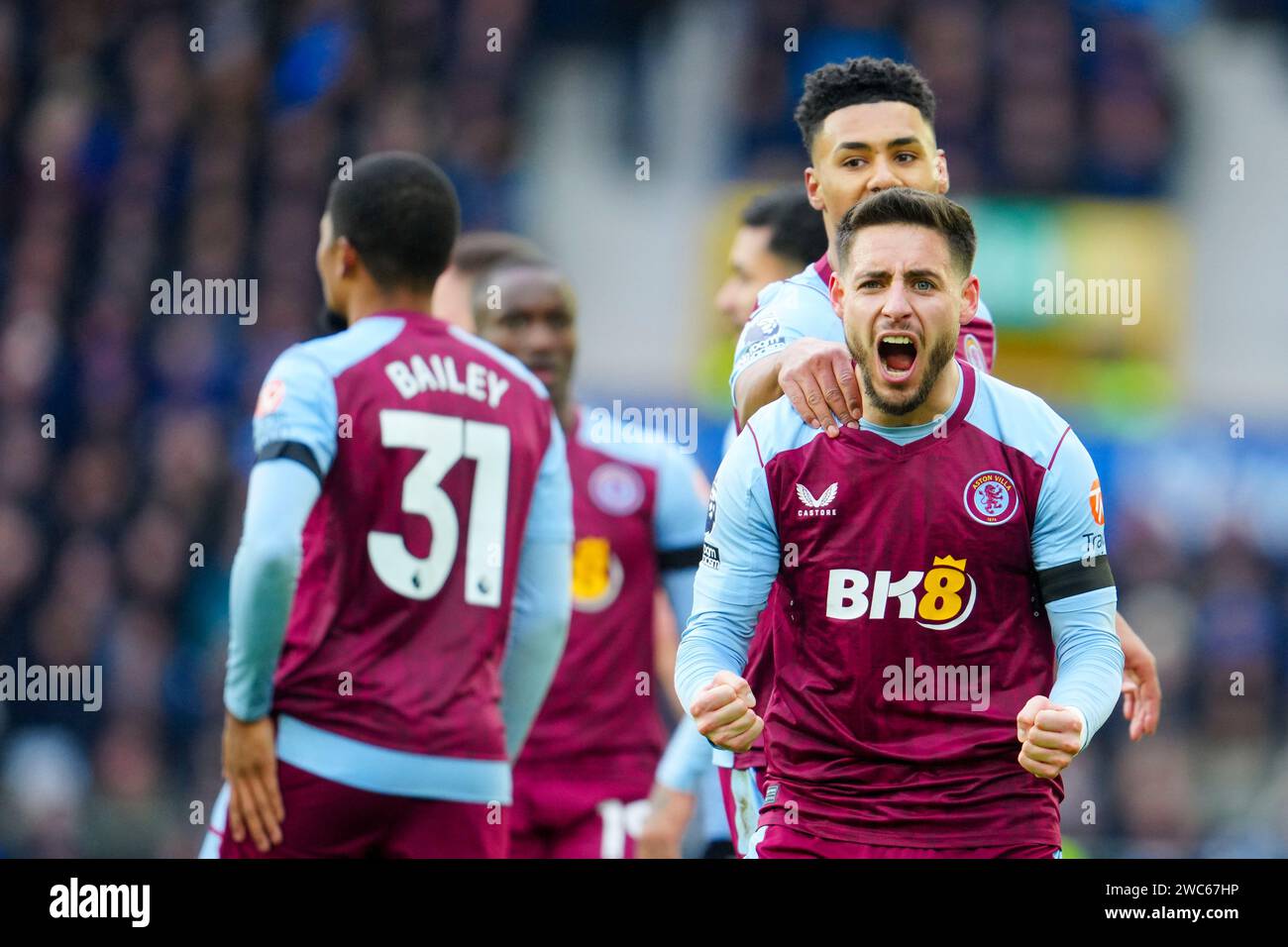 Aston Villa's Alex Moreno celebrates after scores a disallowed goal ...