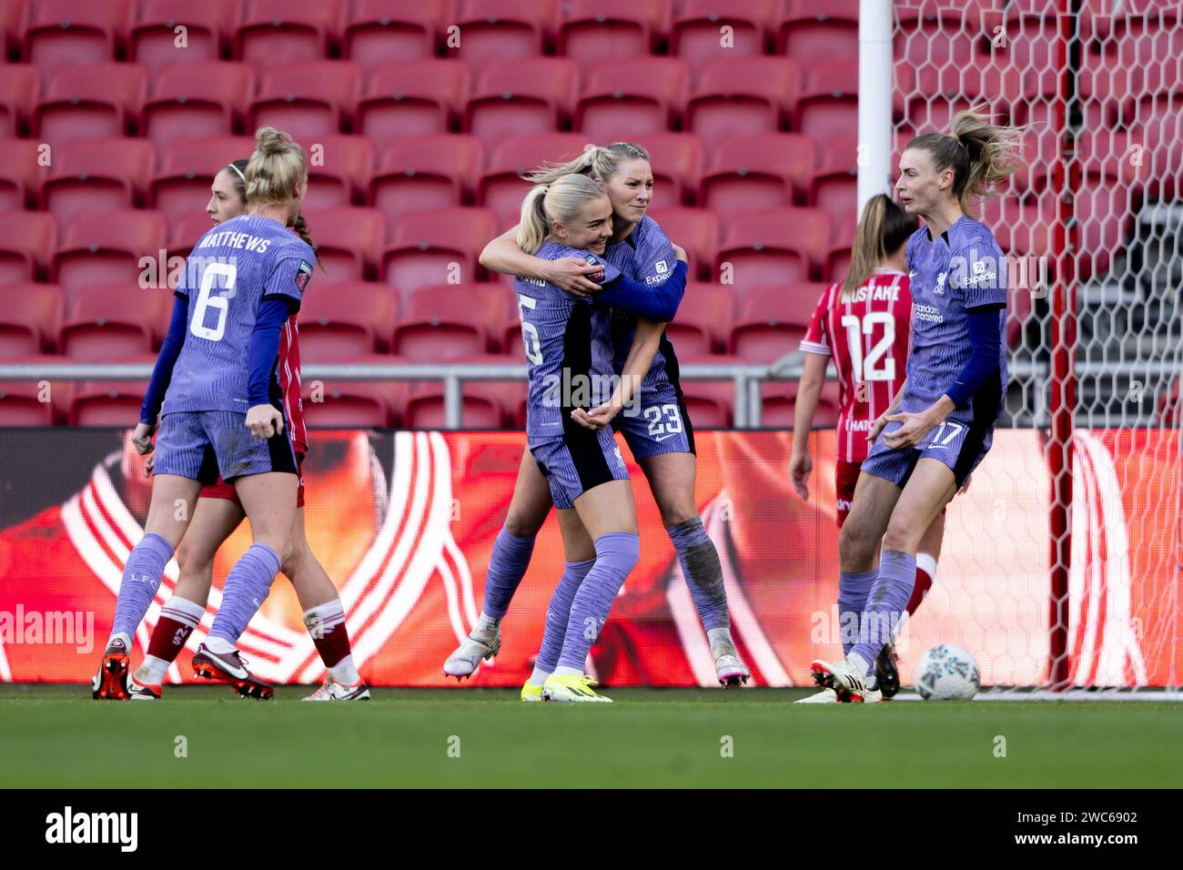 Bristol, UK. 14th January 2024. Gemma Bonner of Liverpool celebrates ...