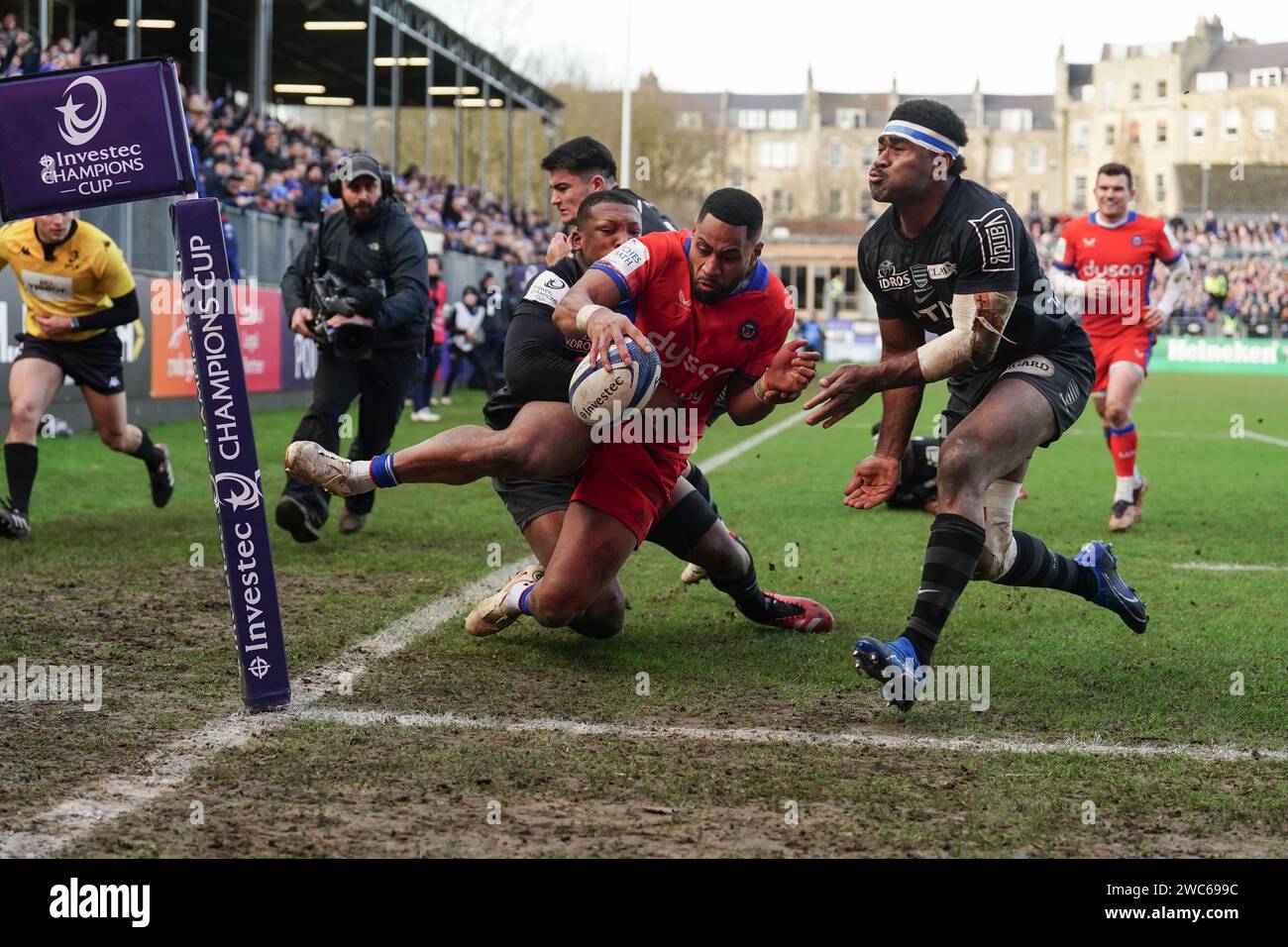 Racing 92's Vinaya Habosi is tackled by Bath's Will Muir during the ...