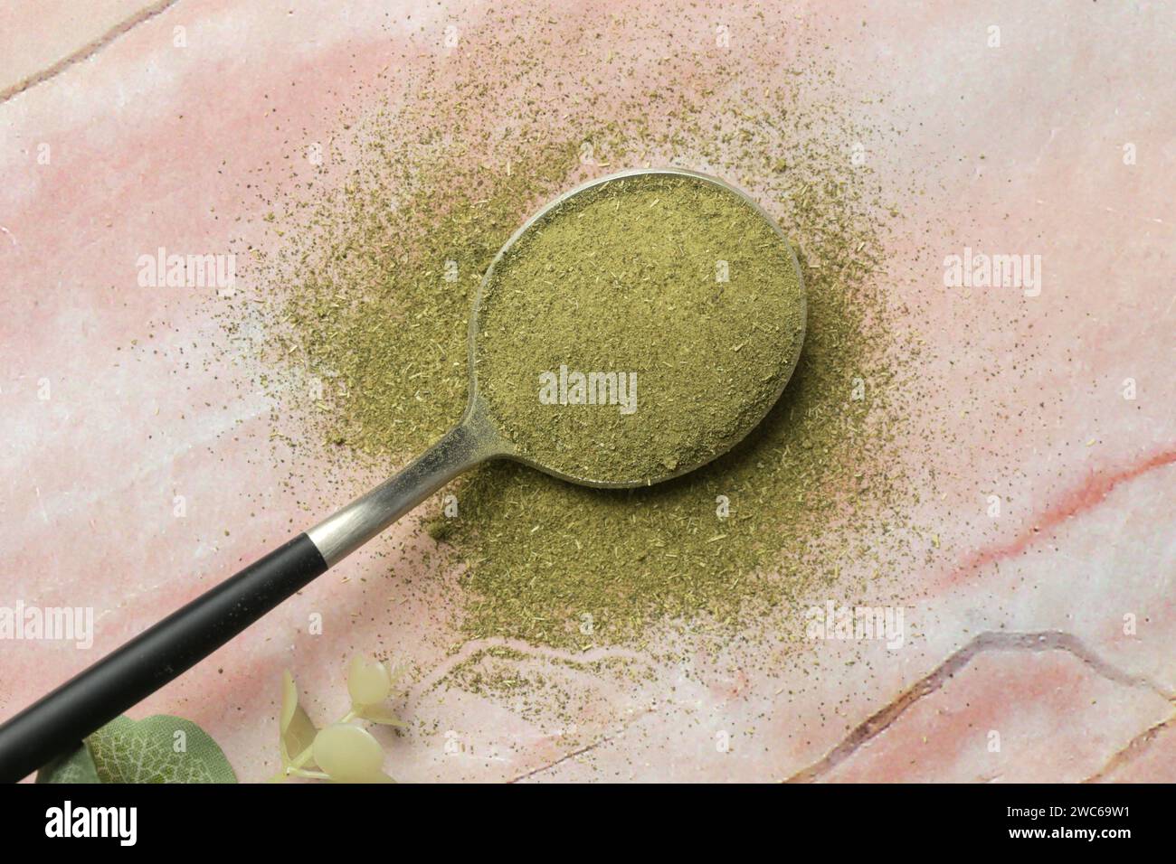 Green powder moringa in the spoon. Concept of nutritional supplement ...