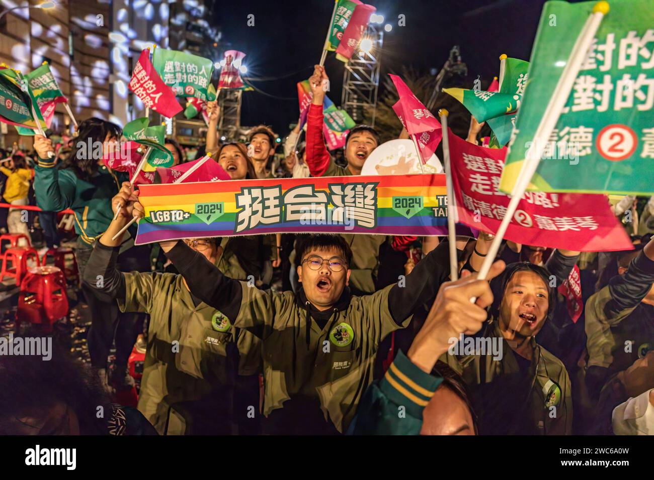 Taipei, Taiwan. 13th Jan, 2024. Supporters cheer after the presidential ...