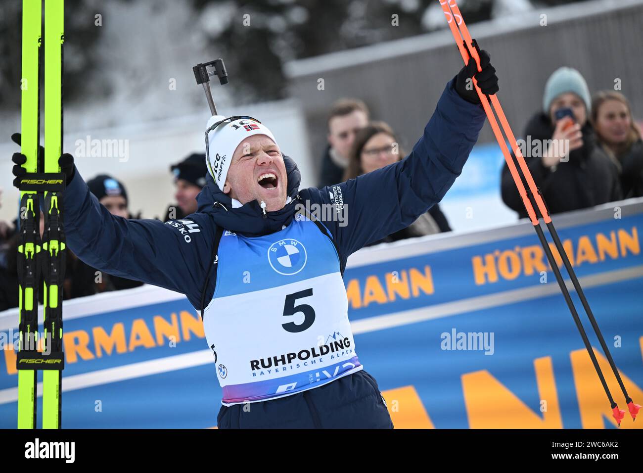 Ruhpolding, Germany. 14th Jan, 2024. Biathlon: World Cup, pursuit 12.5 km, men. Johannes Dale ...