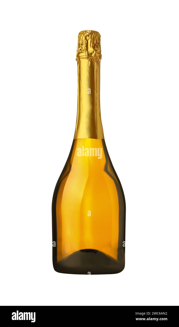 Close up one full unopen yellow brown glass bottle of champagne or ...