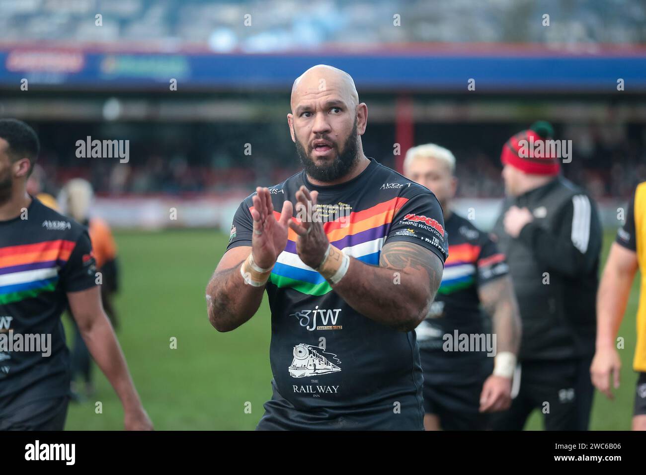 Keighley, UK. 14th Jan, 2024. Jake Webster applauds the fans as he ...