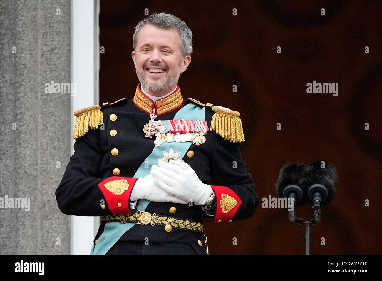 Denmark's King Frederik X reacts as he stands on the balcony of ...