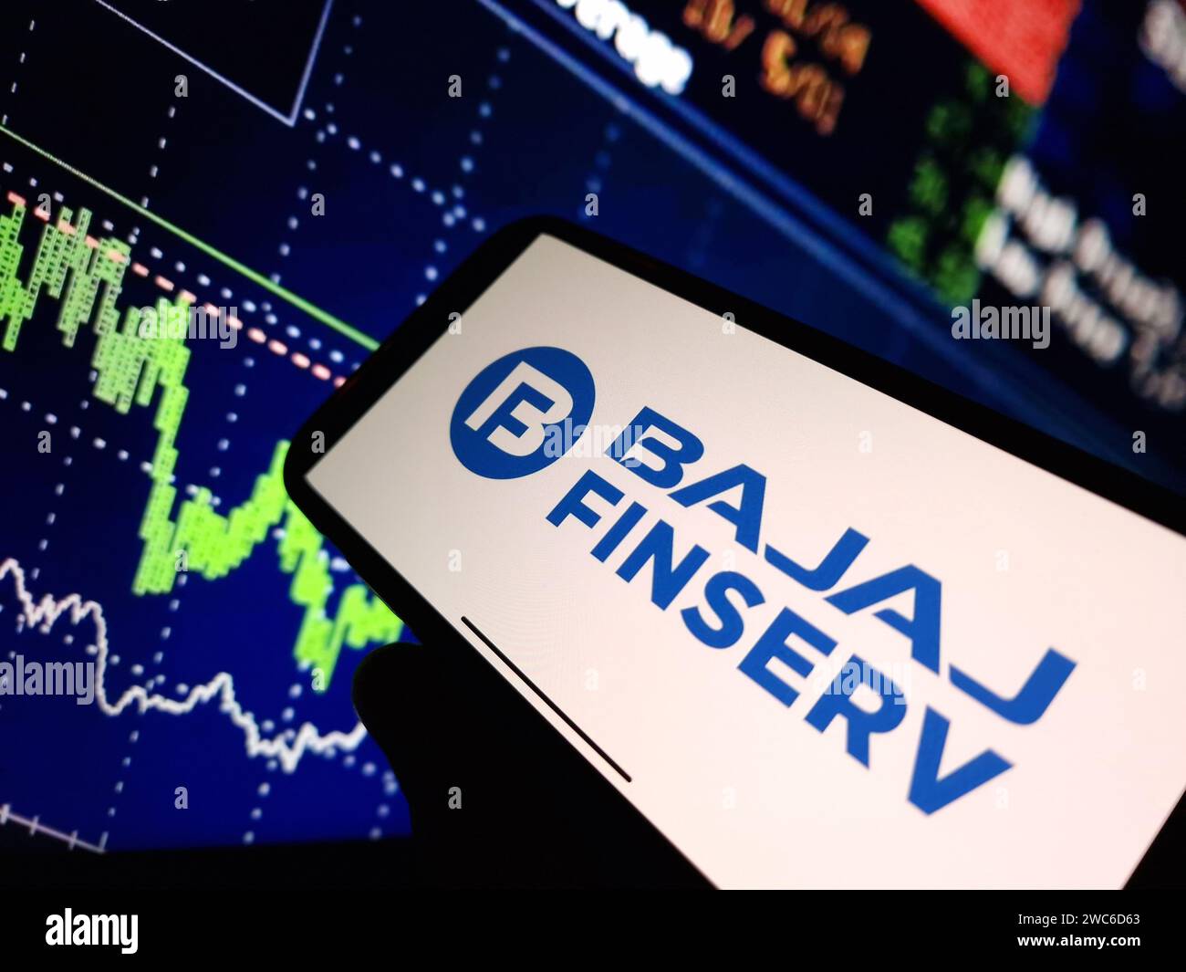 Konskie, Poland - January 13, 2024: Bajaj Finserv company logo displayed on mobile phone screen ...