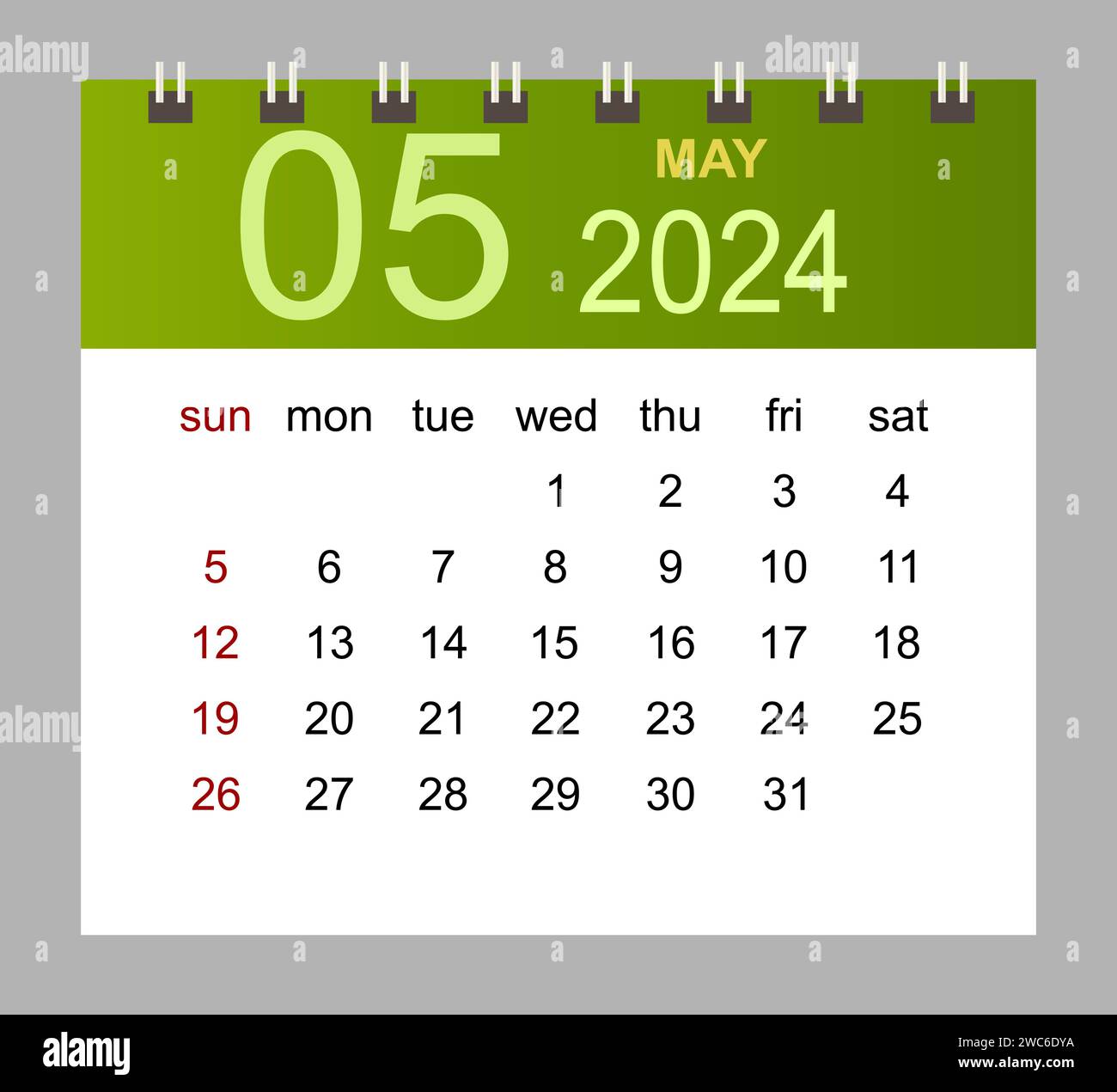 May 2024. Vector monthly calendar template 2024 year in simple style ...