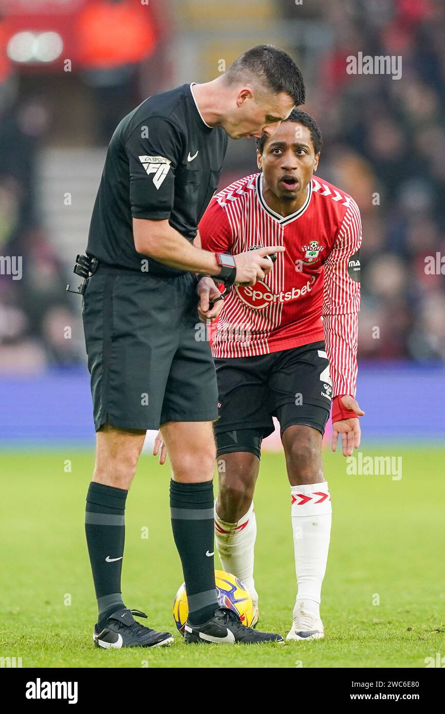 Southampton defender Kyle Walker-Peters (2) protests with Referee Lewis ...