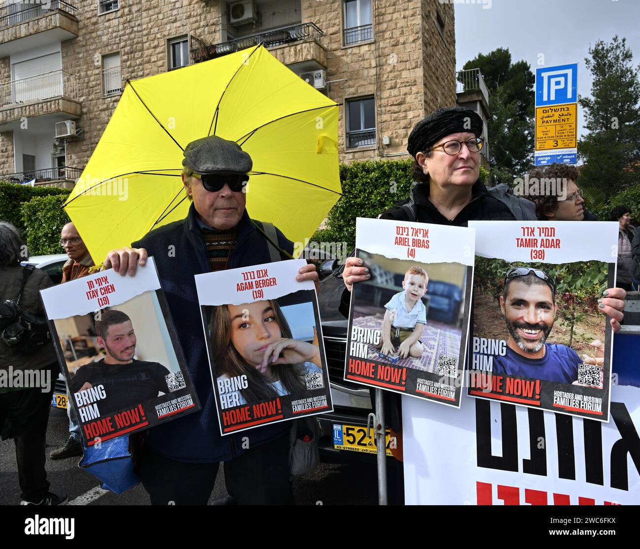 Jerusalem, Israel. 14th Jan, 2024. People hold posters of Israeli ...