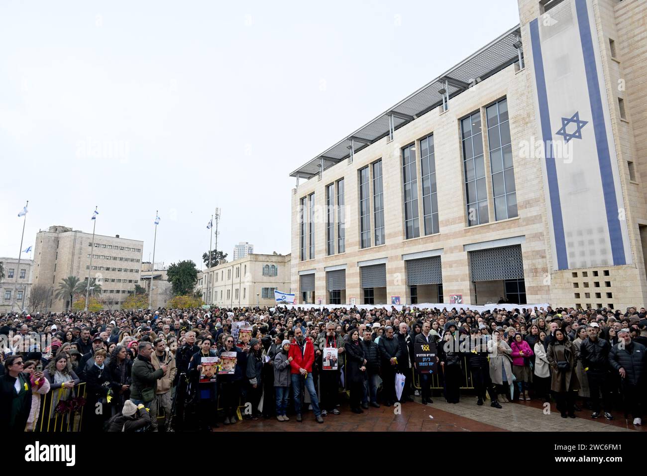 Jerusalem, Israel. 14th Jan, 2024. Hostage families hold posters at a ...