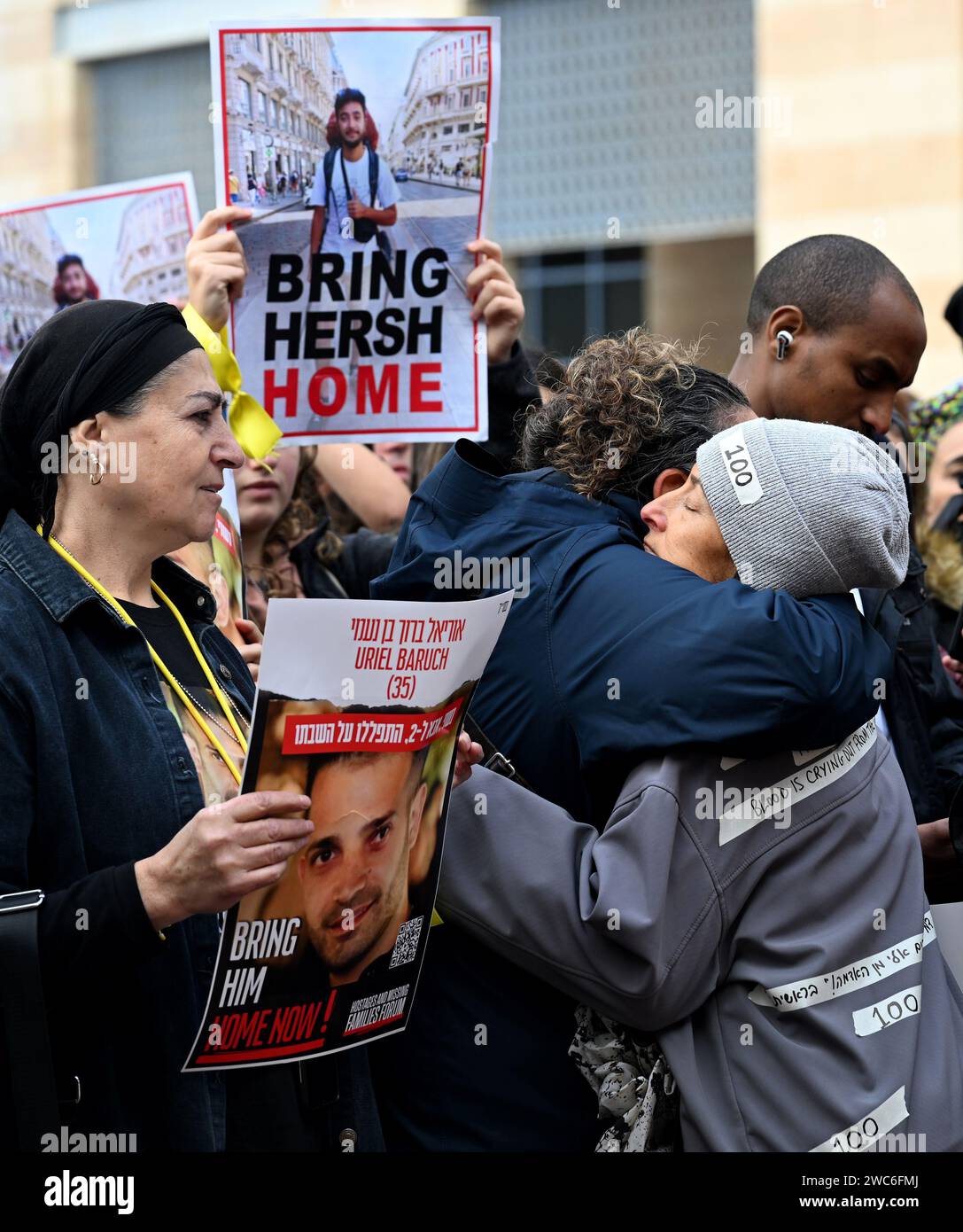 Jerusalem, Israel. 14th Jan, 2024. A woman hugs (R) Rachel Goldberg ...