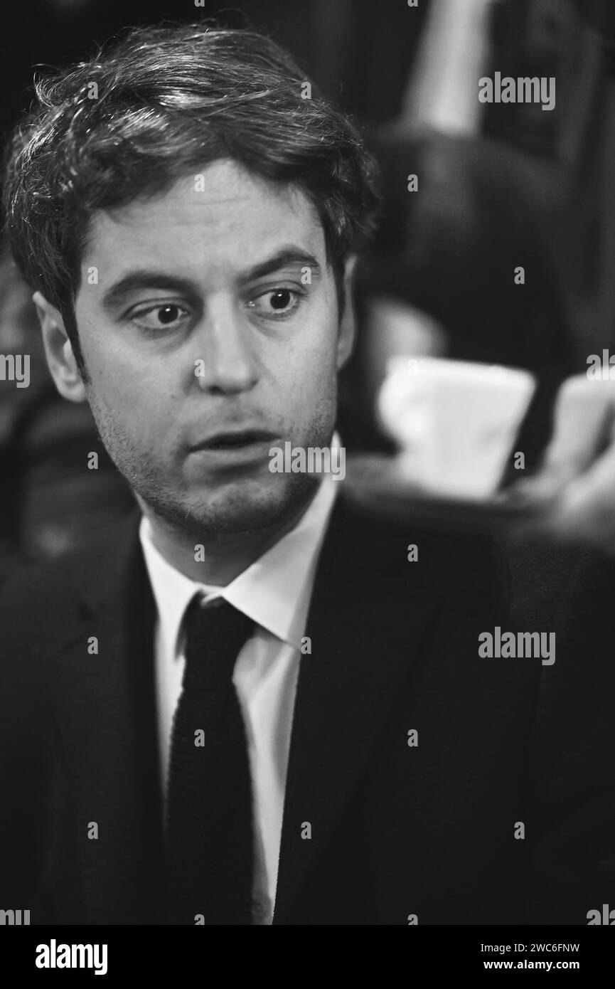 Caen, France. 13th Jan, 2024. French Prime Minister Gabriel Attal ...