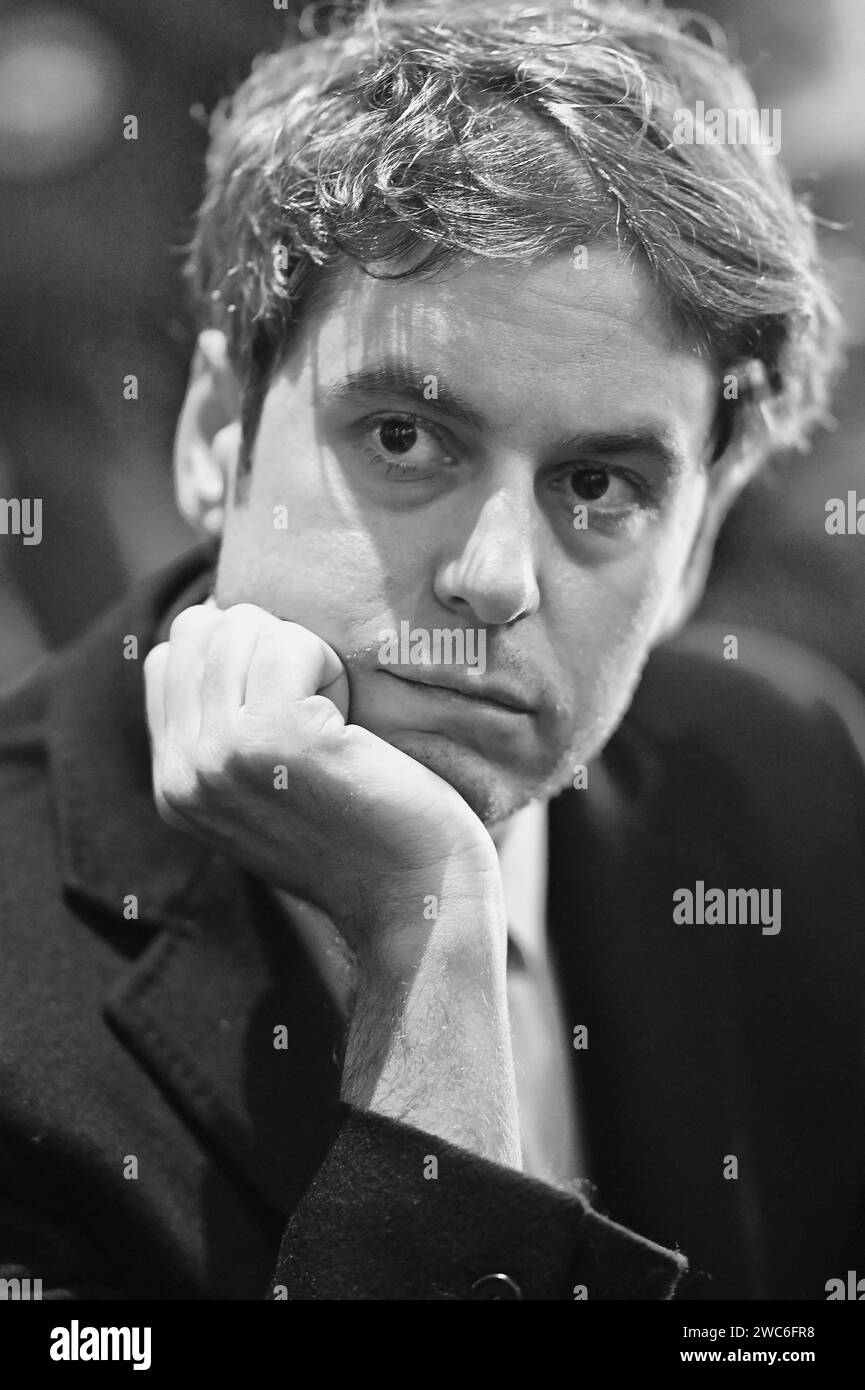 Caen, France. 13th Jan, 2024. French Prime Minister Gabriel Attal ...