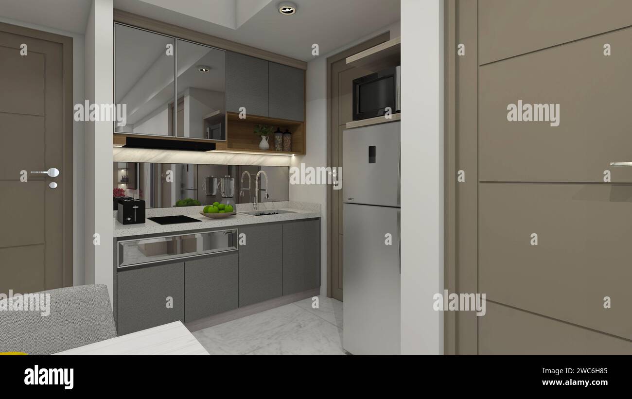 Minimalist Kitchen Counter Design with Single Stove and Sink Stock ...