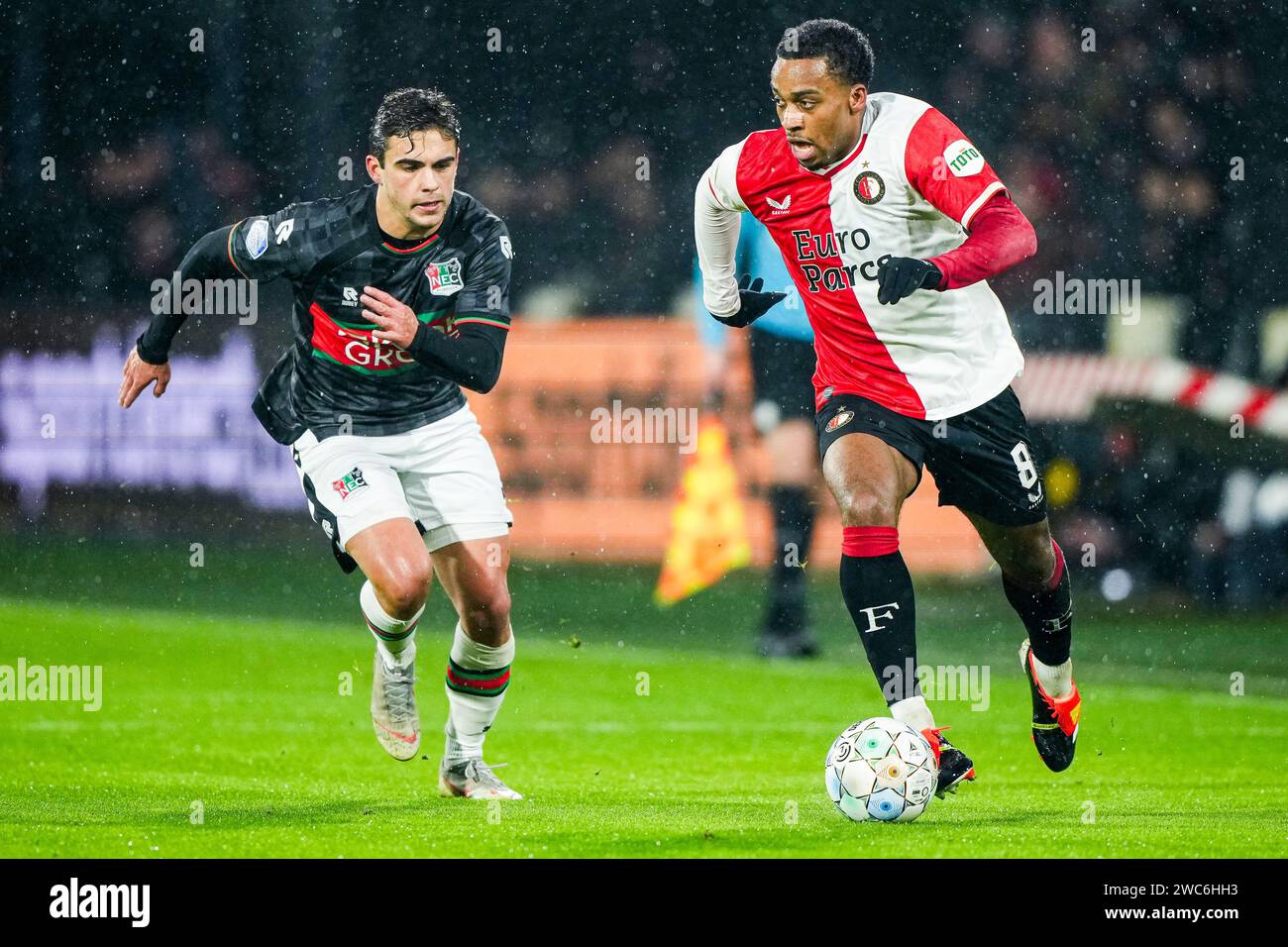 Rotterdam, The Netherlands. 14th Jan, 2024. Rotterdam - Bart van Rooij of NEC Nijmegen, Quinten ...