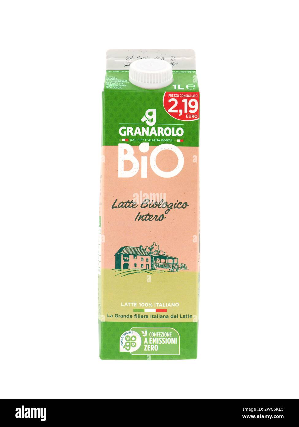 ROME, ITALY - JANUARY 10, 2024. Granarolo bio milk isolated on white ...