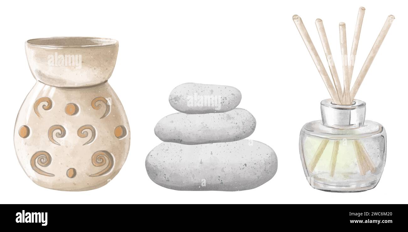 Accessories for aromatherapy. Ceramic aroma lamp, stones, wooden ...