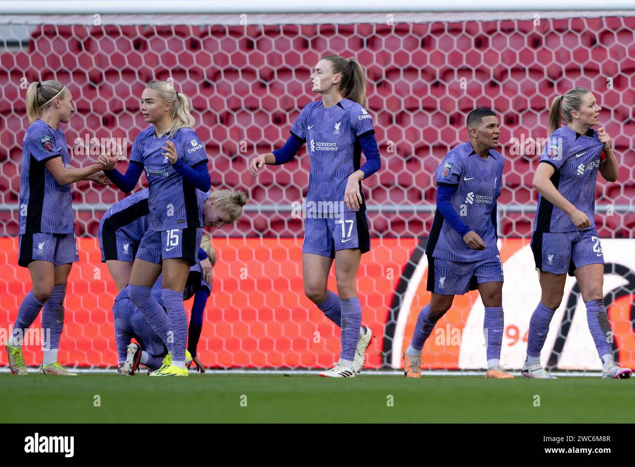 Bristol, UK. 14th January 2024. Gemma Bonner of Liverpool celebrates ...