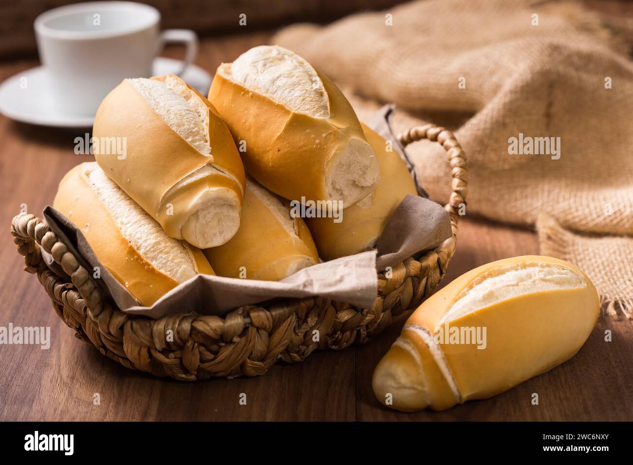 Basket with French breads. French bread, traditional brazilian bread ...