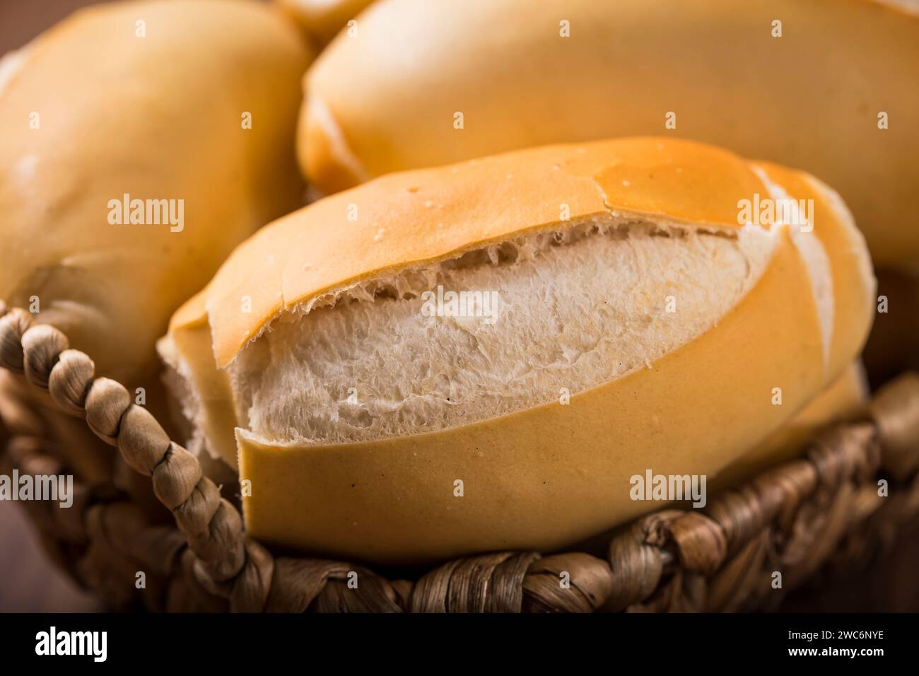 Basket with French breads. French bread, traditional brazilian bread ...