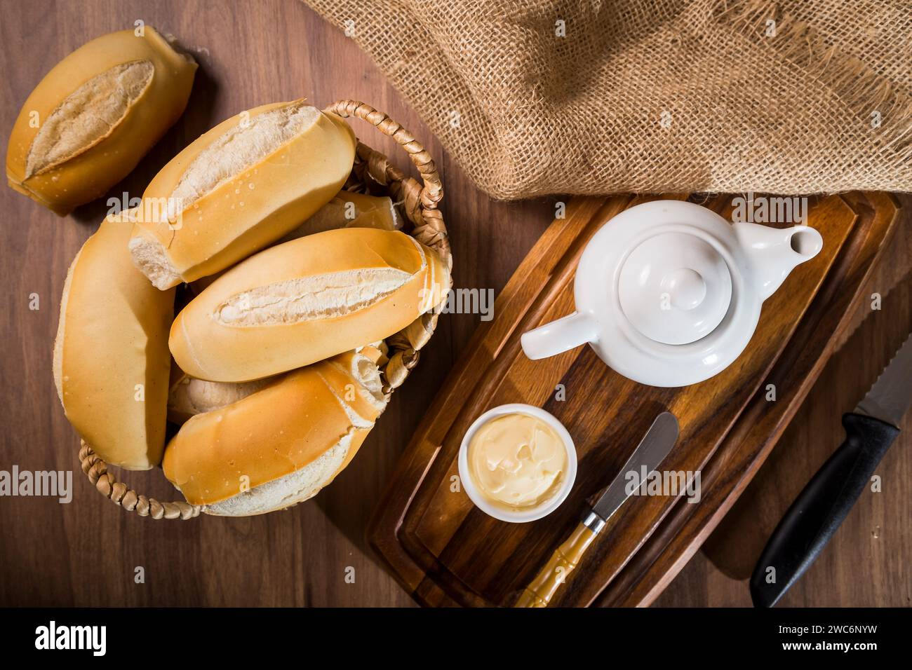 Basket with French breads. French bread, traditional brazilian bread ...