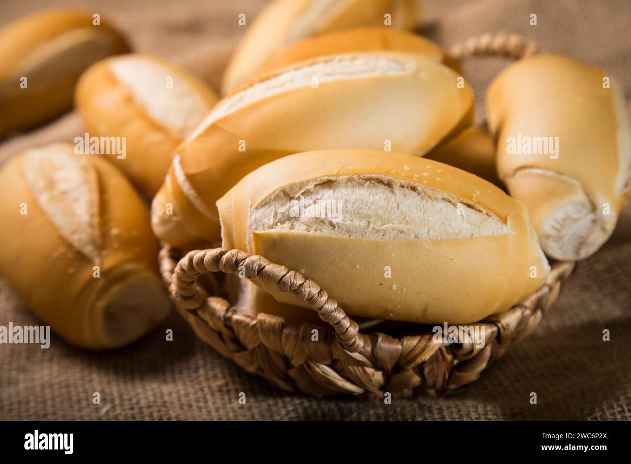 Basket with French breads. French bread, traditional brazilian bread ...