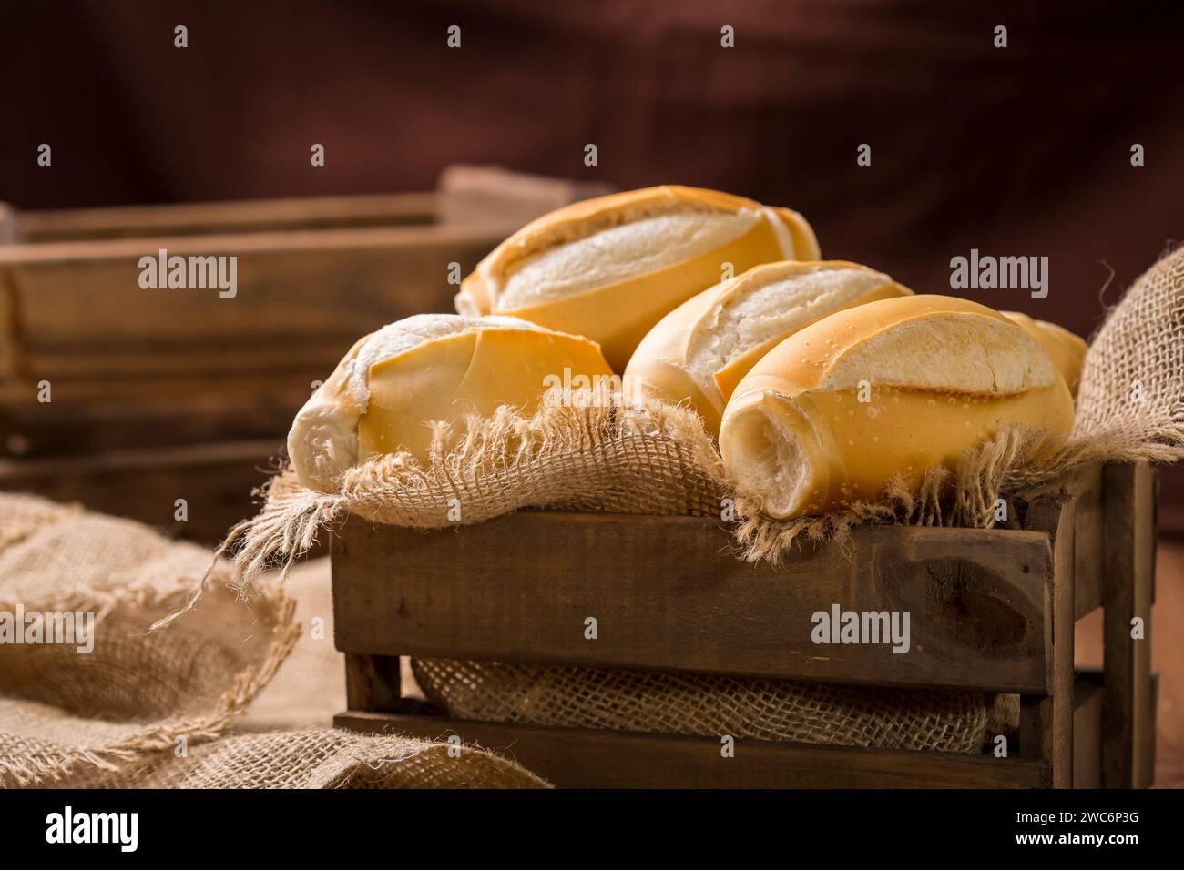 Basket with French breads. French bread, traditional brazilian bread ...