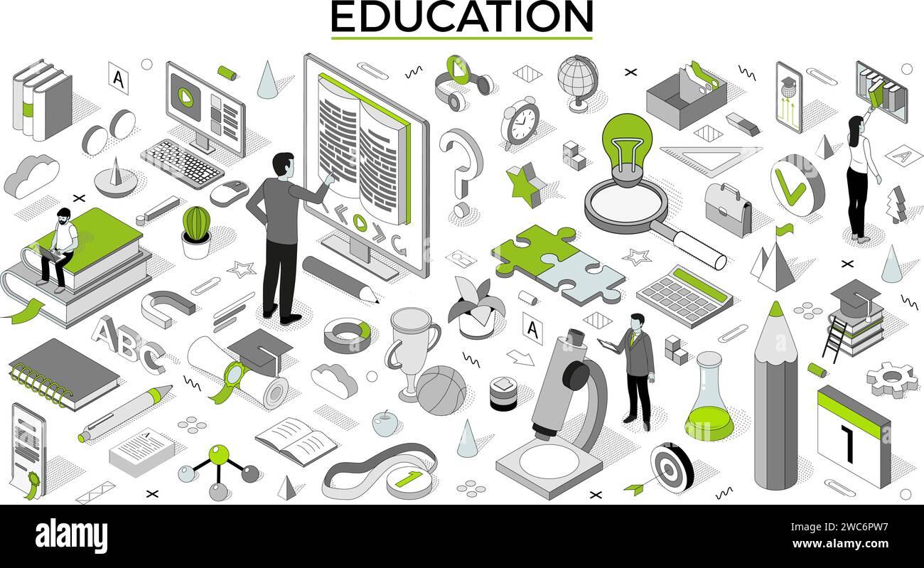 University study. Isometric students learning on web training. Outline ...