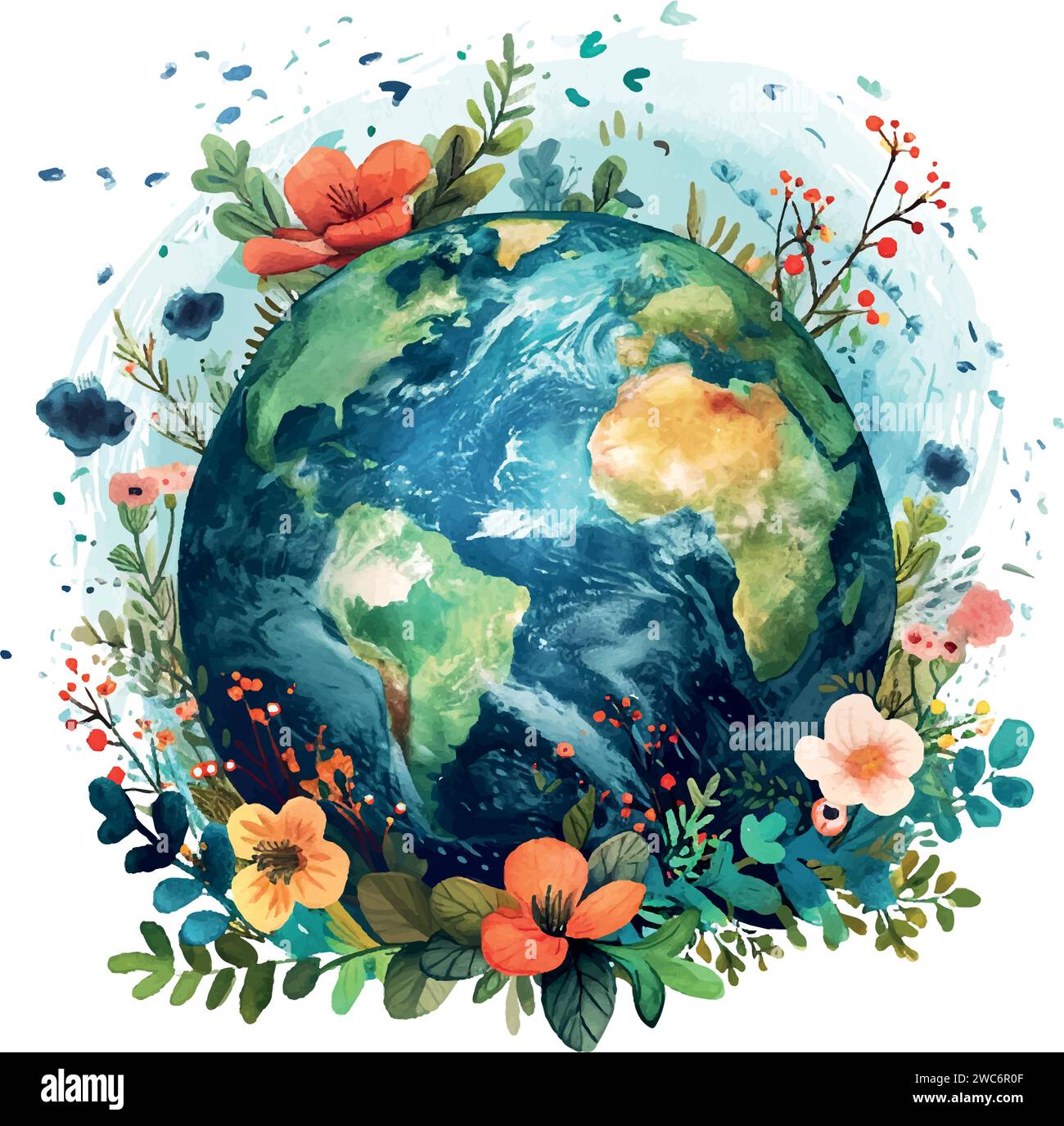 earth day cartoon style watercolor illustration on white Stock Vector ...