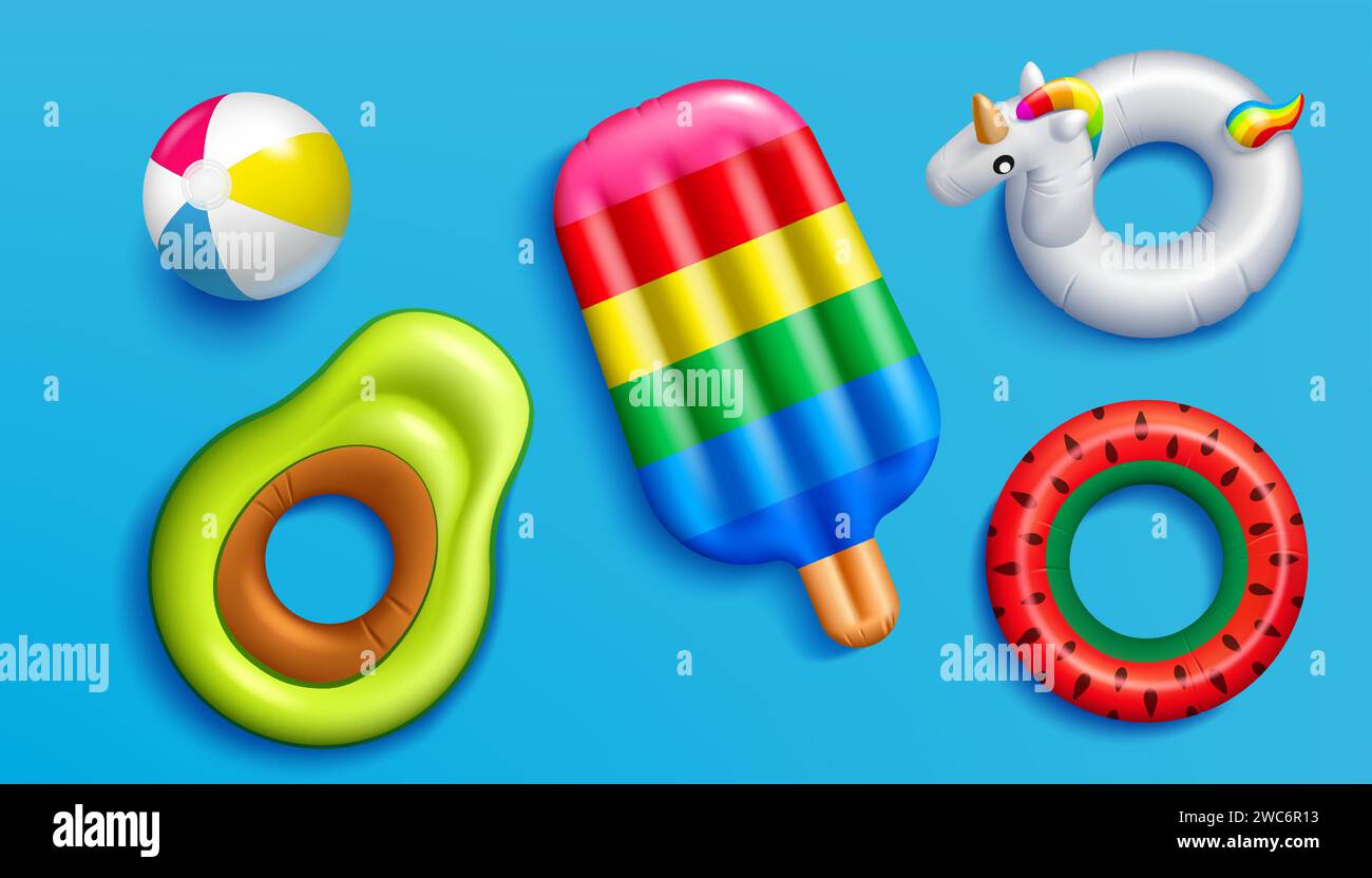 Pool floats. 3D summer beach inflatable ball. Water swim tube and fruit ...