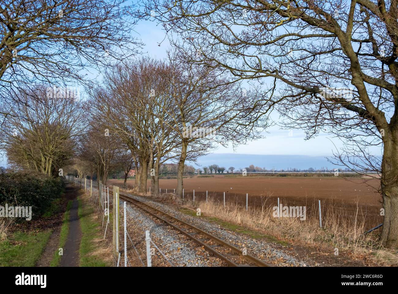 Wroxham, Norfolk, UK – January 13 2024. A view down the narrow gauge ...