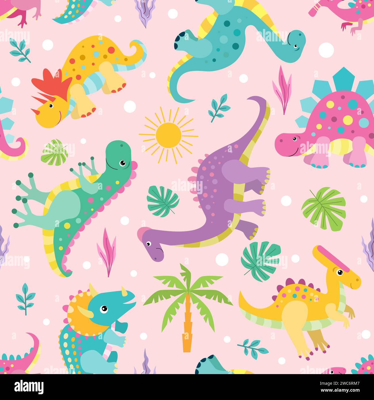 Seamless pattern with fun colored dinosaurs on a pink background. For ...
