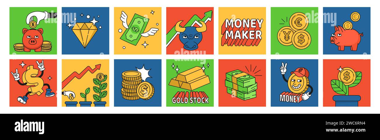 Money stickers. Cartoon finance characters, pig quote, invest coins or ...