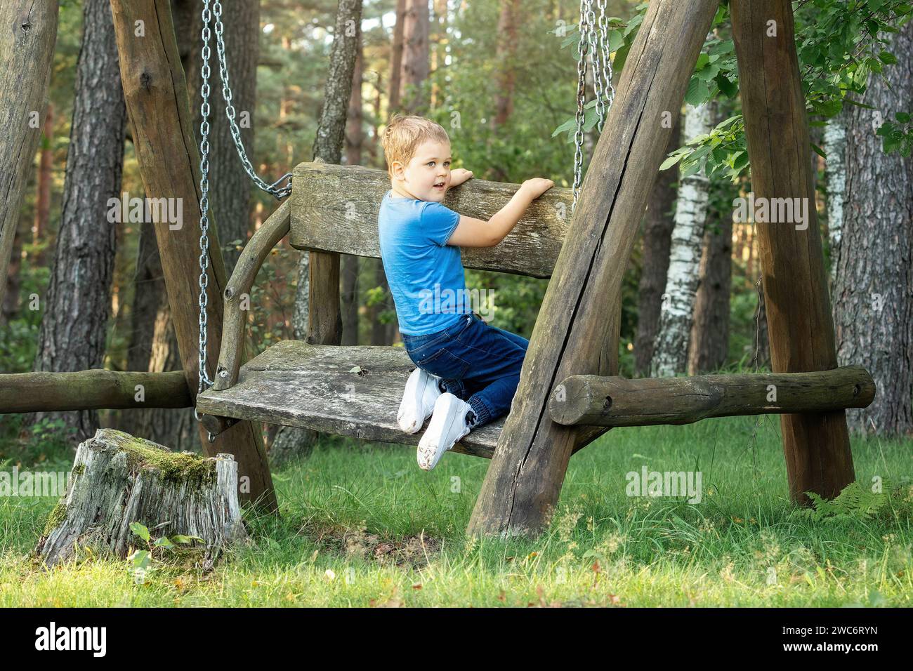 Portrait of a cute smiling child playing on a large chained bench in ...