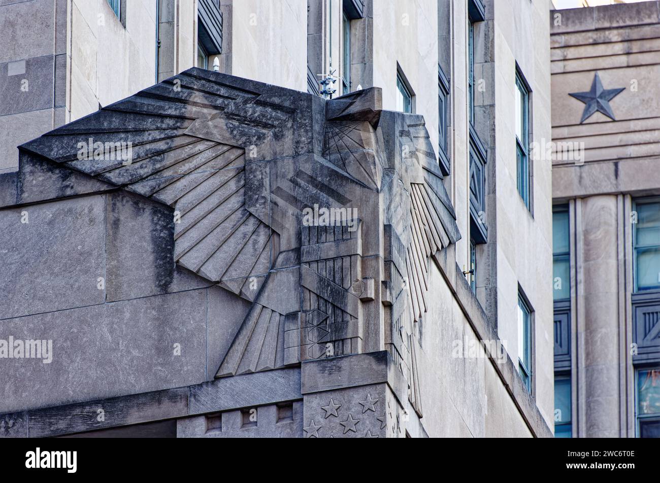 Massive Art Deco-styled limestone eagles decorate the corners of the ...