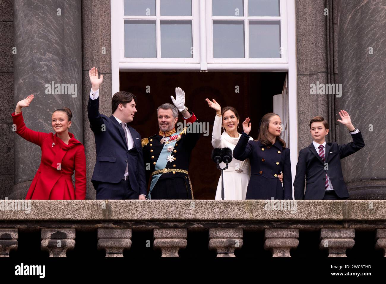 Copenhagen, Denmark. 14 January, 2024. King Frederik X and Queen Mary together with their ...