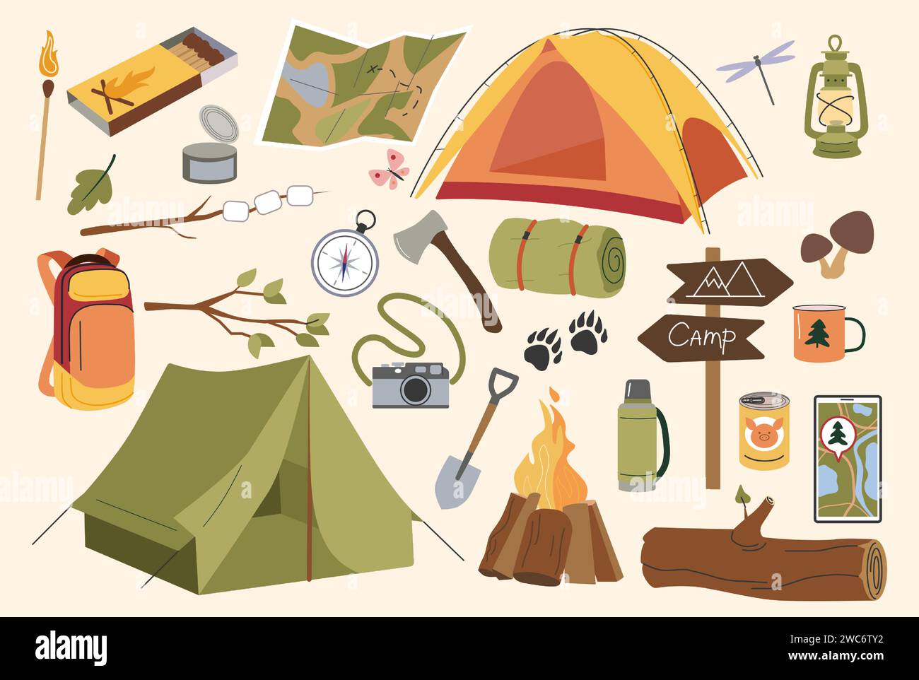 Camp icons. Summer campground items tent, hiking backpack and outing ...