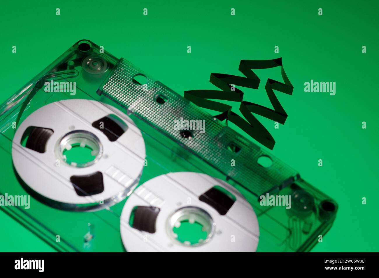 A close-up of a Christmas tree made from an audio cassette tape ...