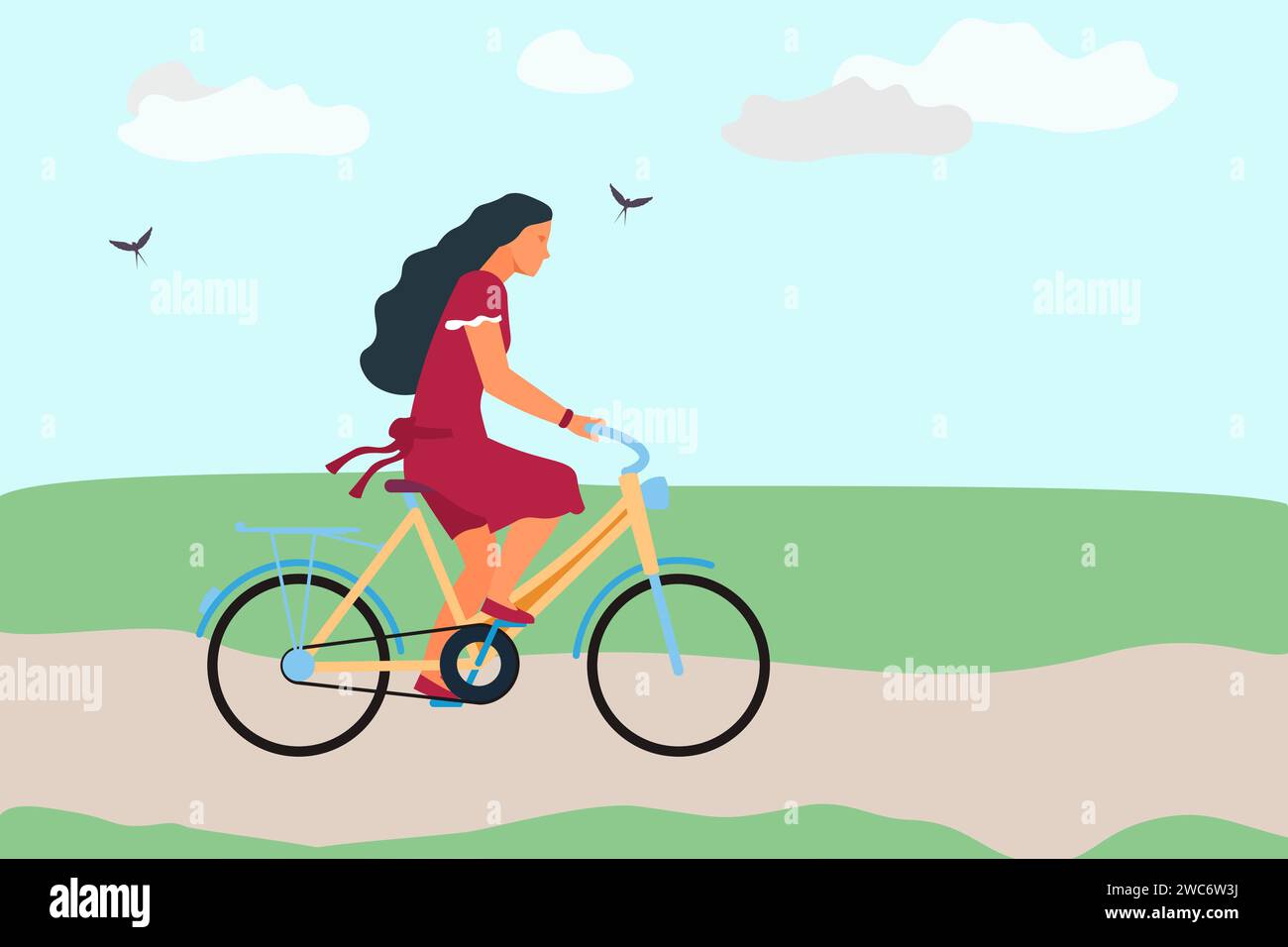 Woman on bike. Cartoon female character riding on bicycle. Healthy ...