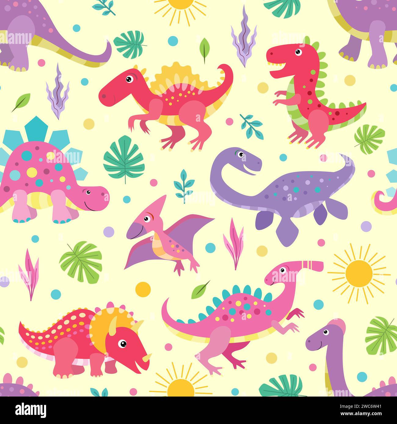 Seamless pattern with fun colored dinosaurs on a yellow background. For ...