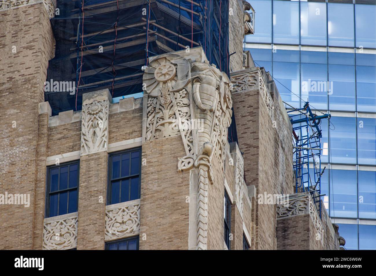 Barclay-Vesey Building’s polychrome brick façade is decorated in carved ...