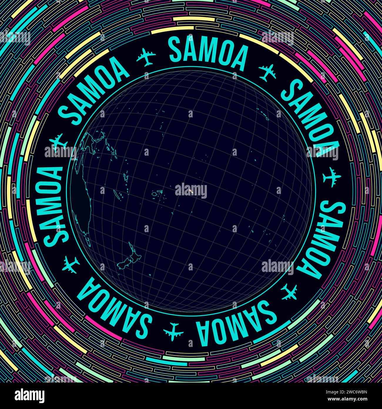 Samoa on globe. Satellite view of the world centered to Samoa. Bright ...