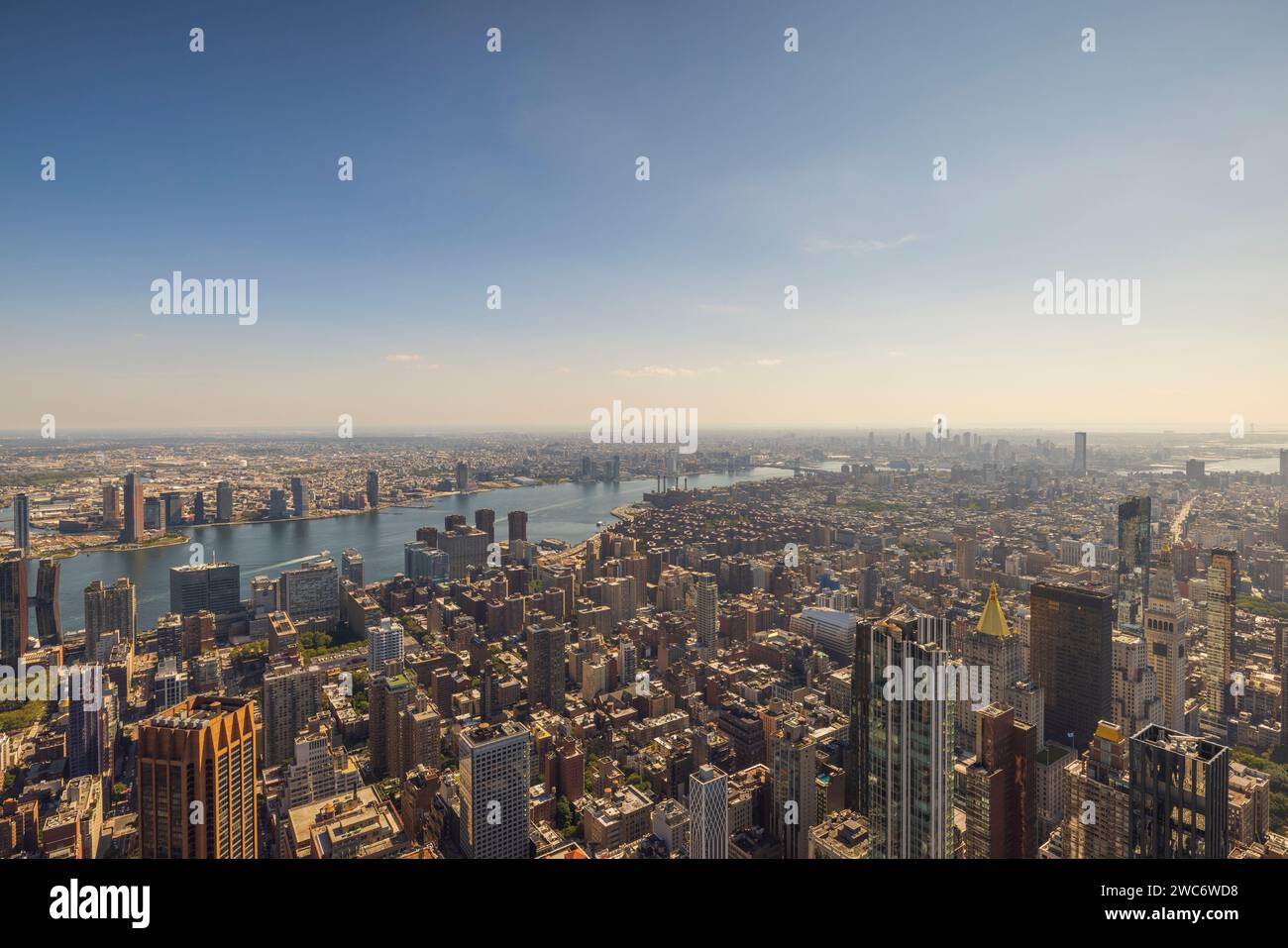 A bird's-eye view of the Manhattan skyline, featuring the Hudson River ...